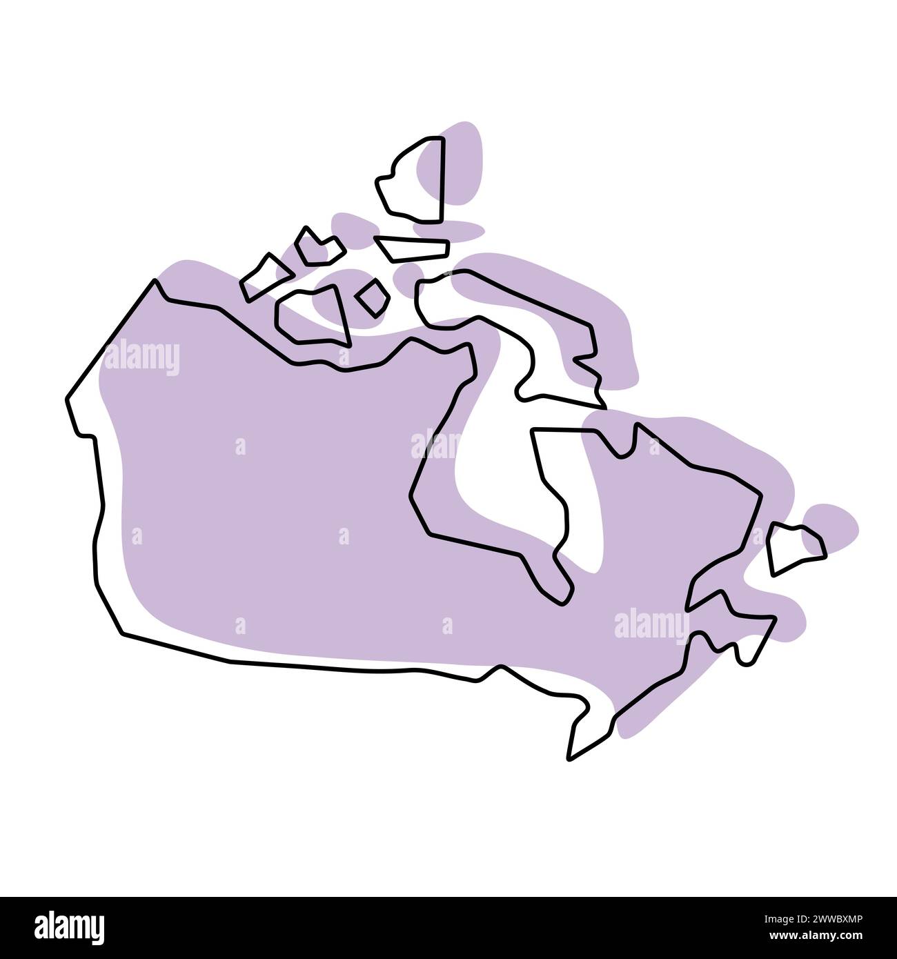 Canada country simplified map. Violet silhouette with thin black smooth ...