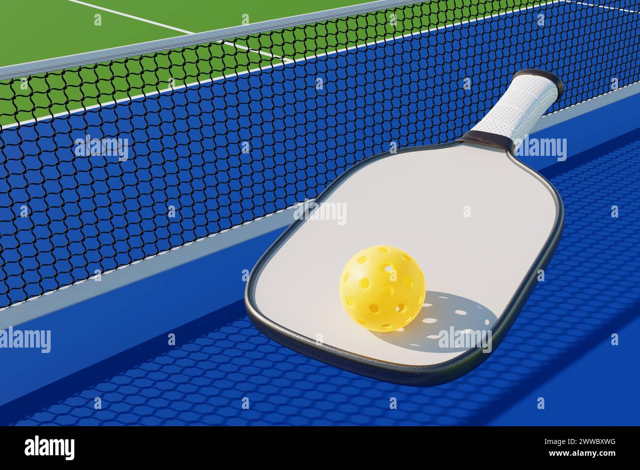 Pickleball racket and ball against the background of the court. 3d ...