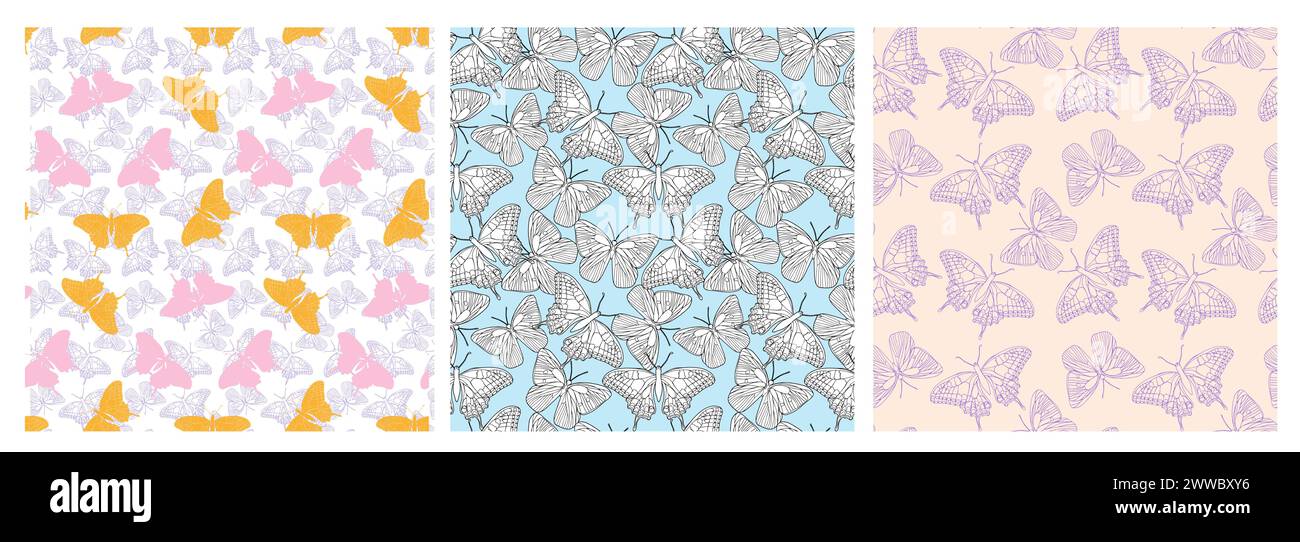 Butterflies ink line vector seamless pattern set background for textile ...