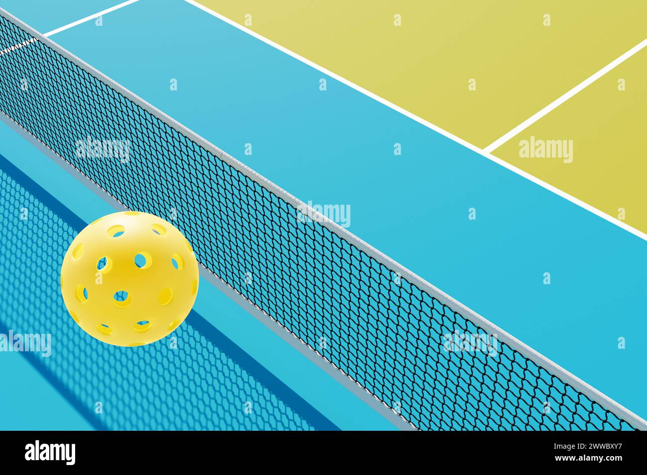 A pickleball ball over a sports court net. 3D rendering Stock Photo - Alamy