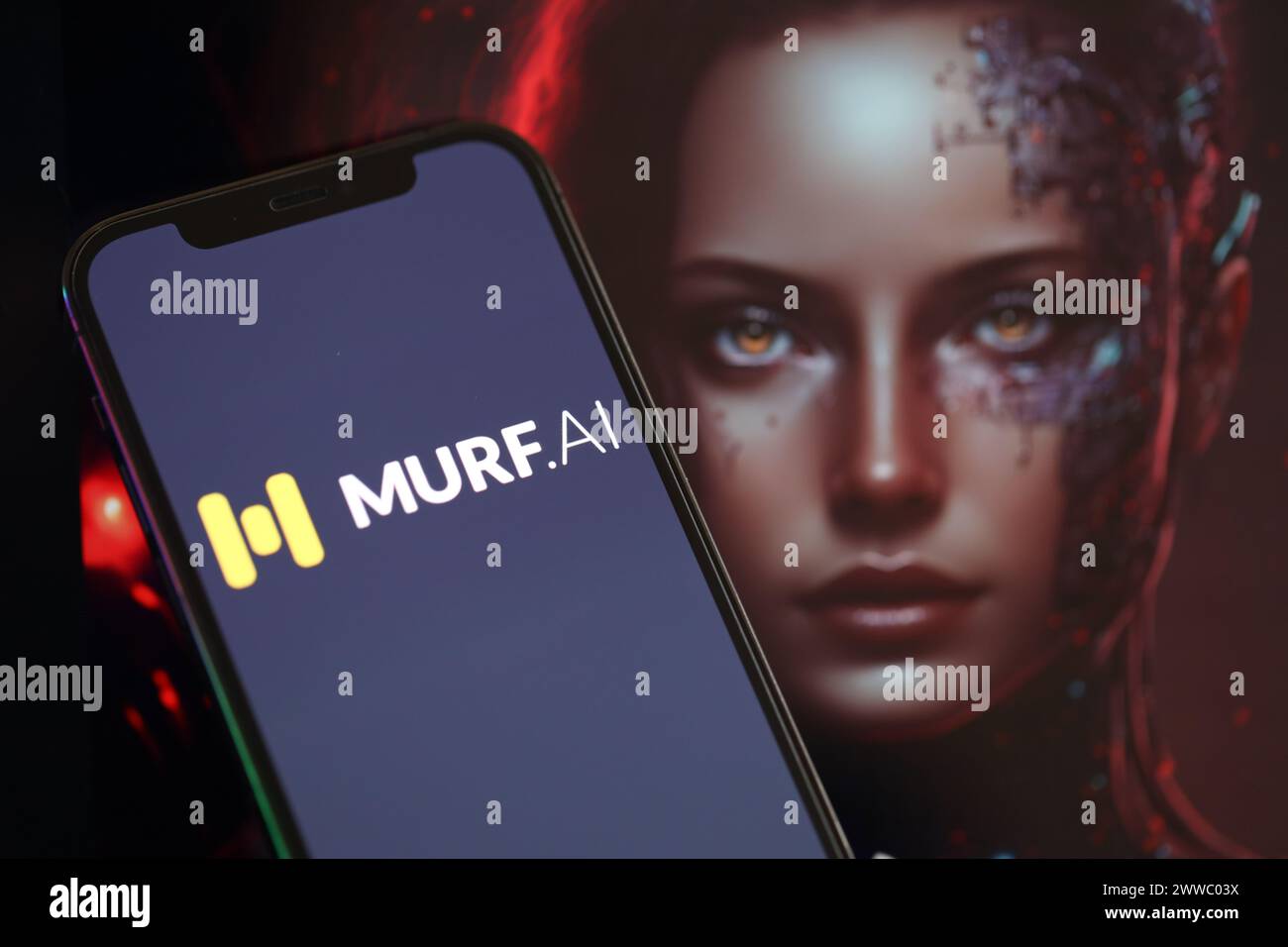 KYIV, UKRAINE - MARCH 17, 2024 Murf AI logo on iPhone display screen with background of ...