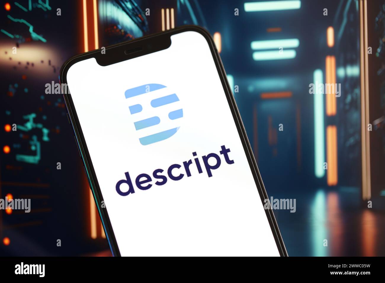 KYIV, UKRAINE - MARCH 17, 2024 Descript logo on iPhone display screen ...