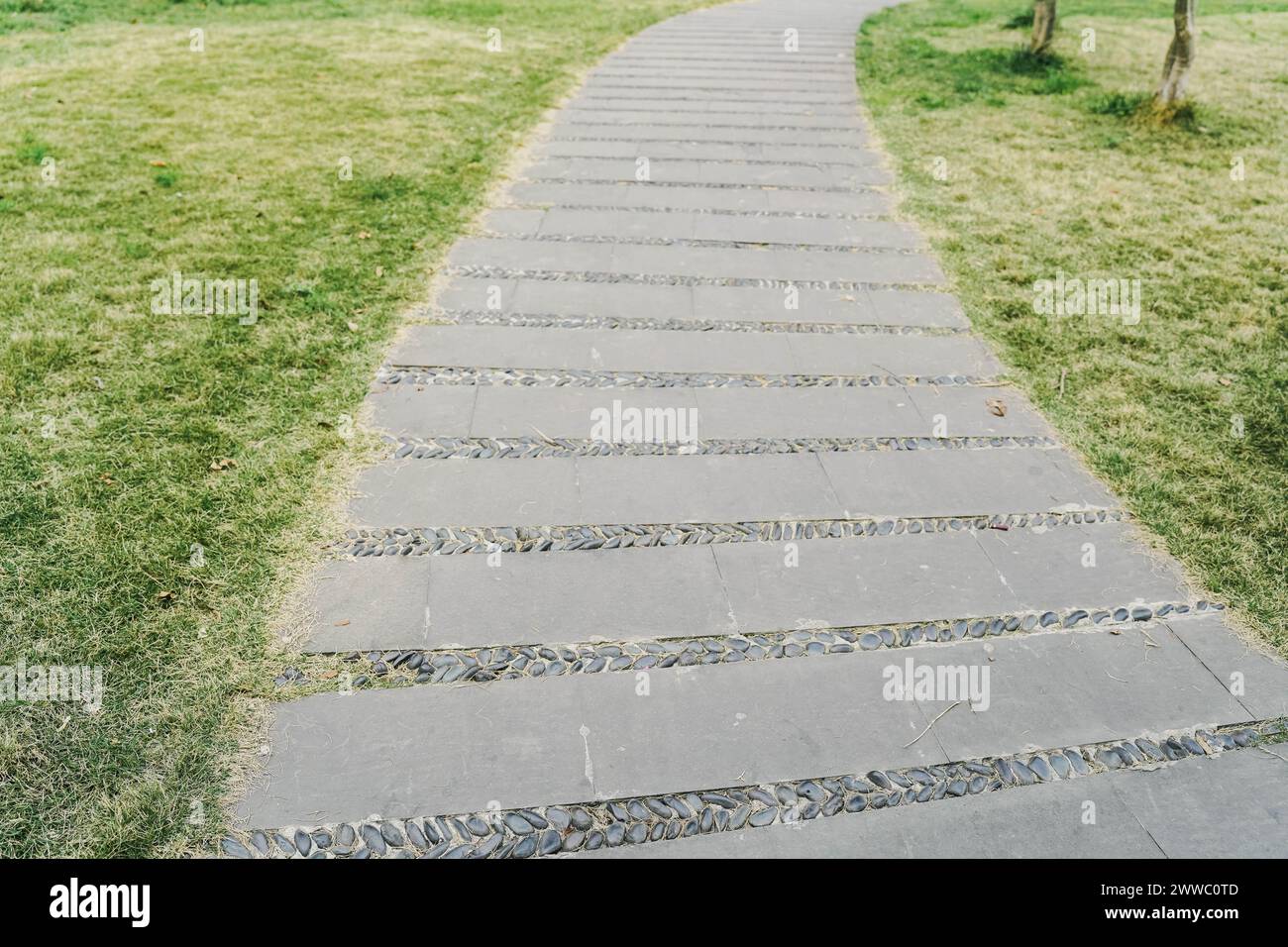 Stone foot pathway in the park. Concrete path on green lawn Stock Photo ...