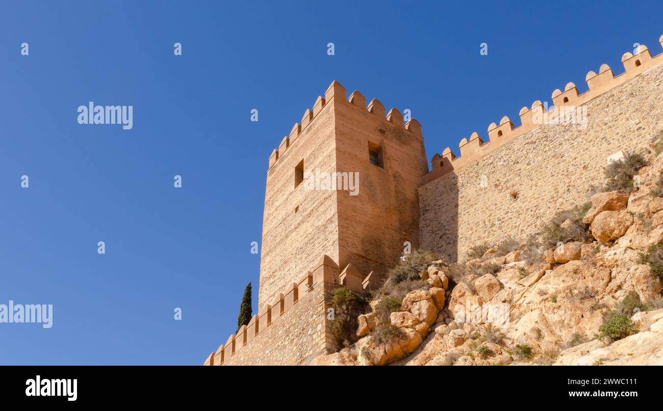 ALMERIA, SPAIN - 26 FEBRUARY 2024 The citadel, castle, and walls of ...