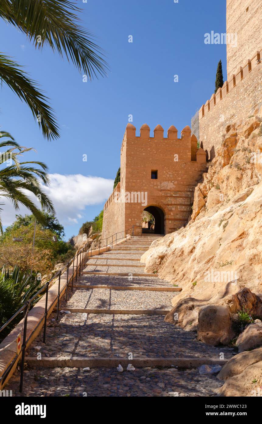 ALMERIA, SPAIN - 26 FEBRUARY 2024 The citadel, castle, and walls of ...