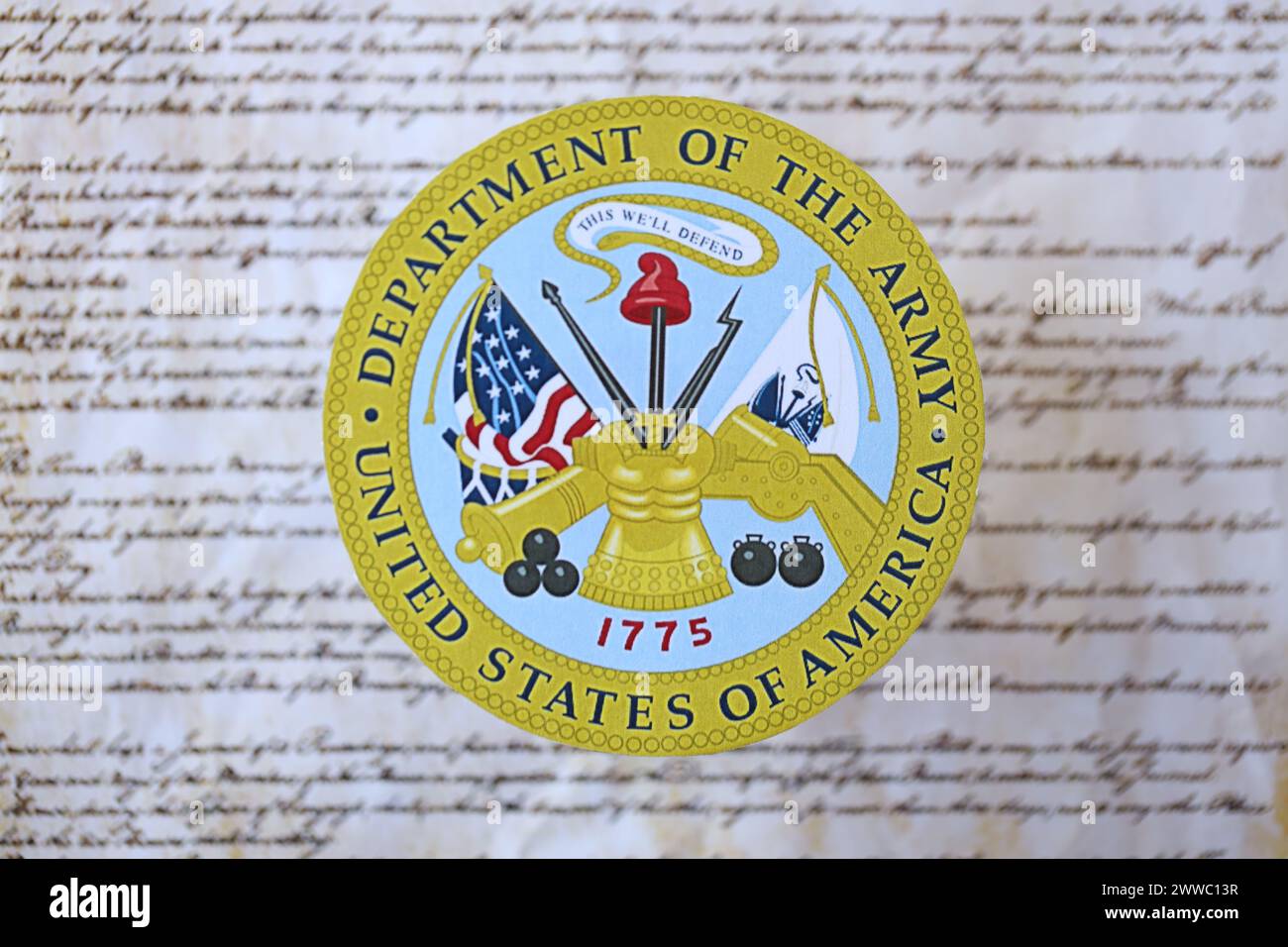 KYIV, UKRAINE - MARCH 9, 2024 US Department of Army seal on United ...