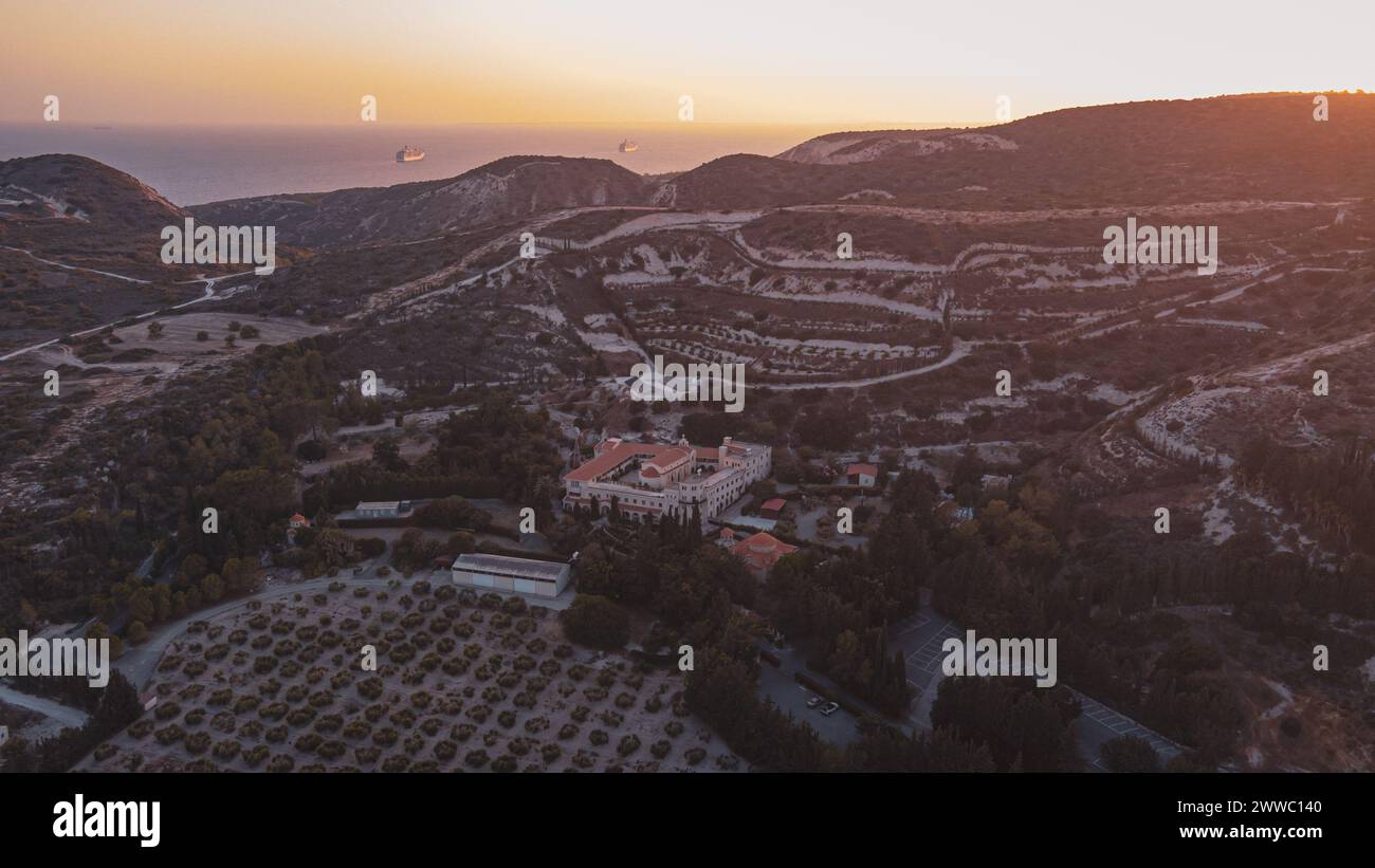 An aerial view of Agios Georgios Alamanou Monastery at sunset Stock ...