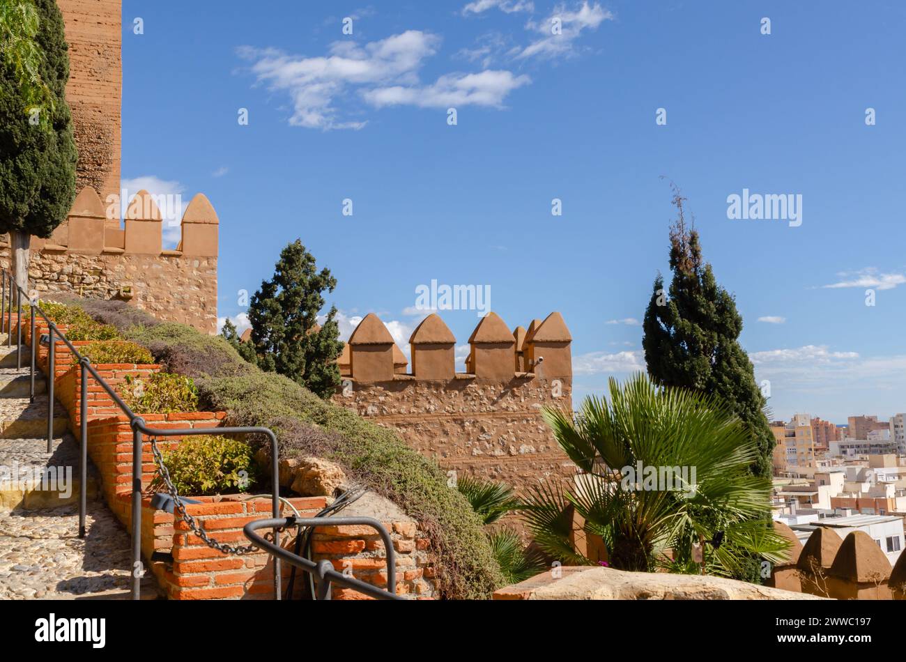 ALMERIA, SPAIN - 26 FEBRUARY 2024 The citadel, castle, and walls of ...