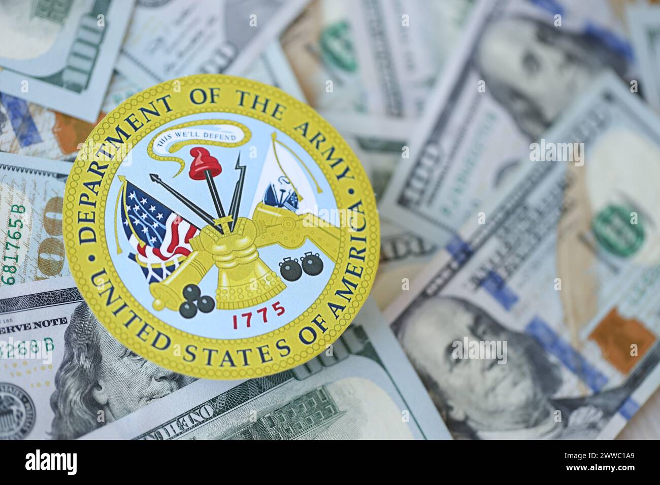 KYIV, UKRAINE - MARCH 9, 2024 US Department of Army seal on many US ...