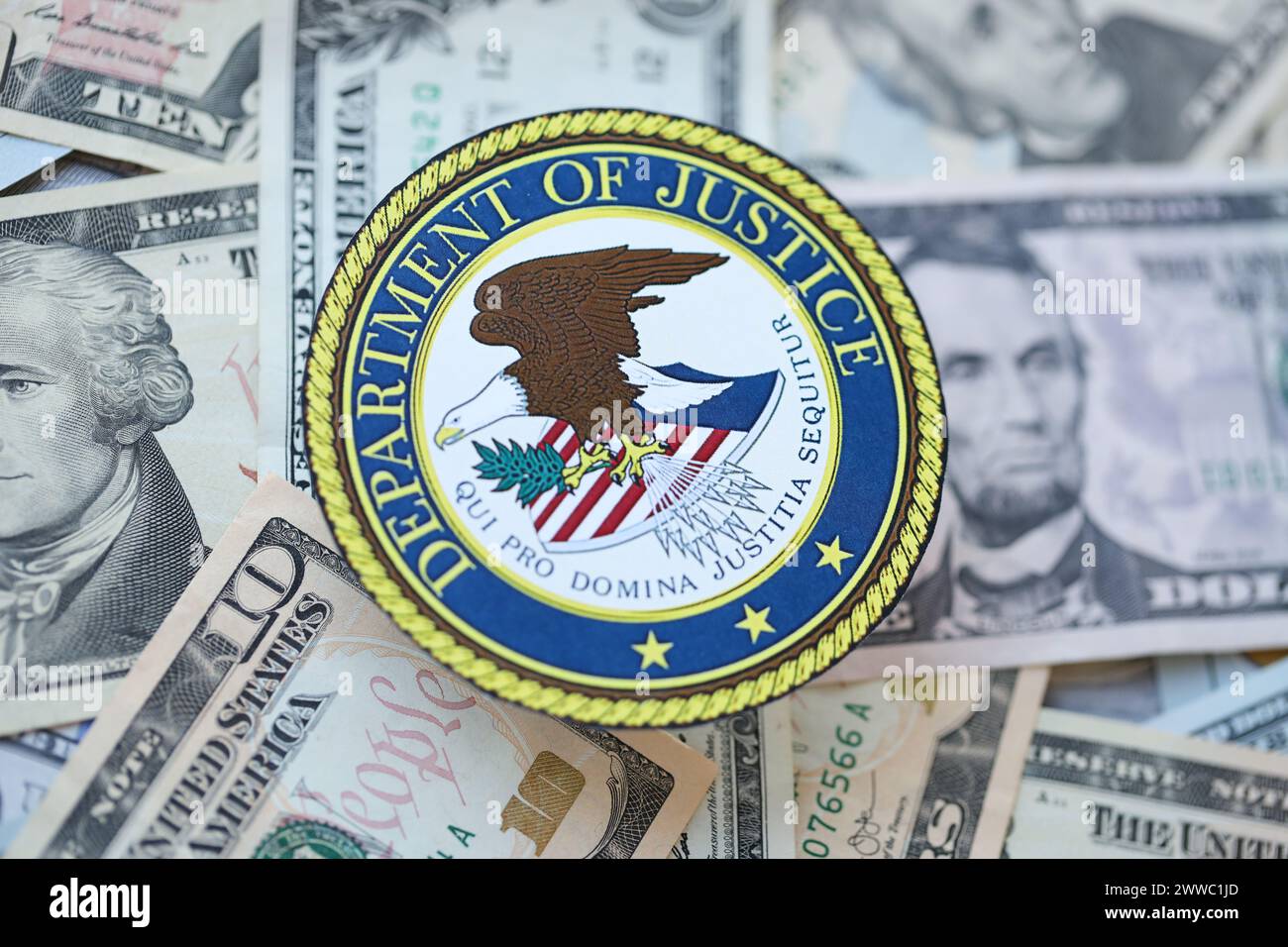 KYIV, UKRAINE - MARCH 9, 2024 US Department of Justice seal on many US ...