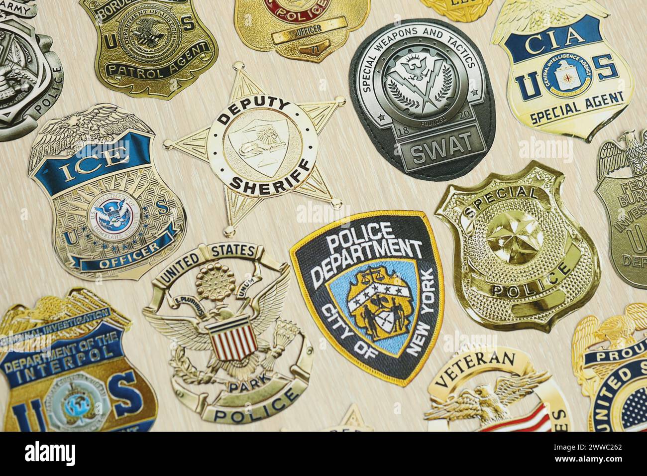 KYIV, UKRAINE - MARCH 9, 2024 Badges of different United States police ...