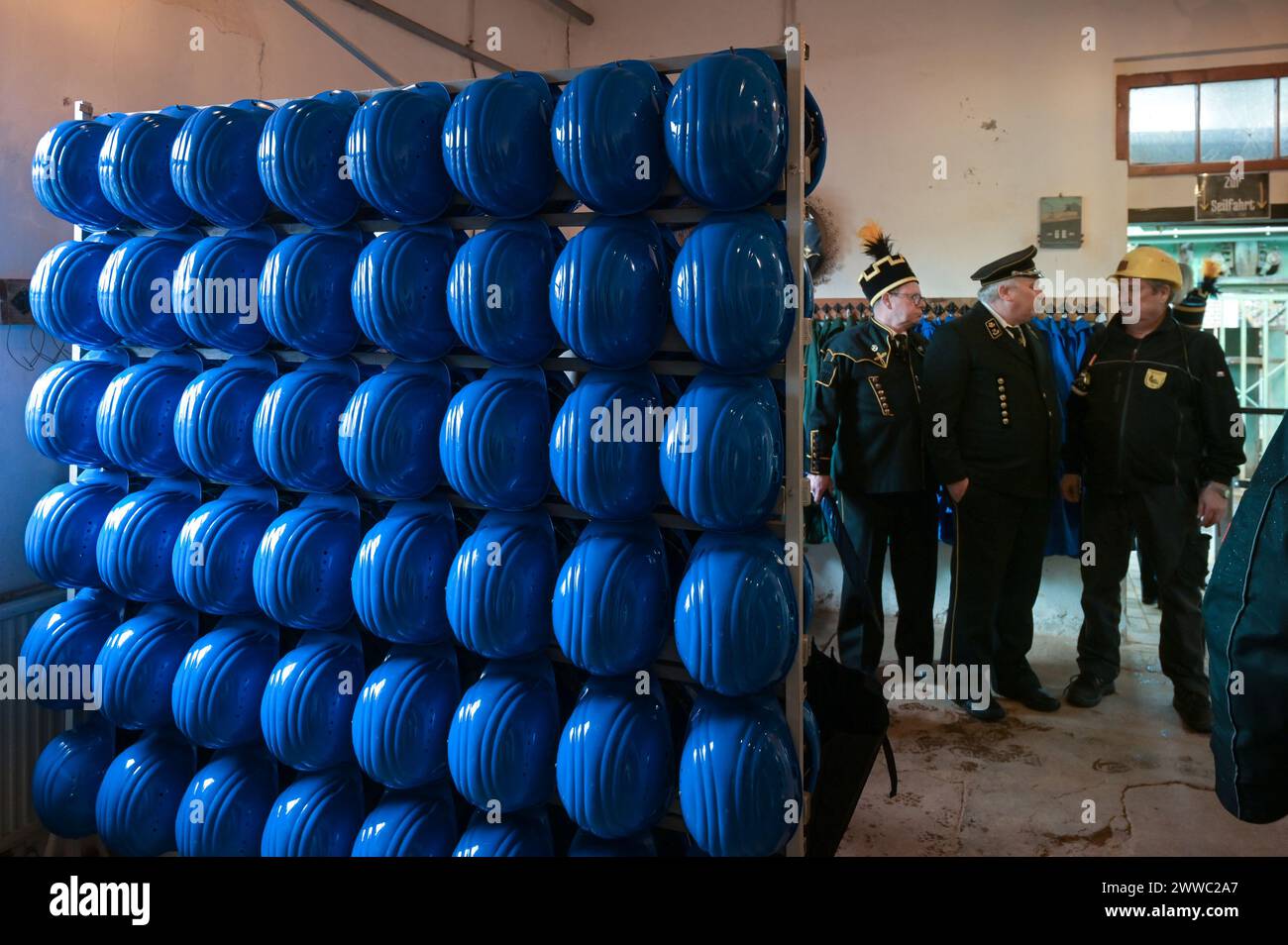 Wettelrode, Germany. 23rd Mar, 2024. Visitor helmets in an anteroom to ...