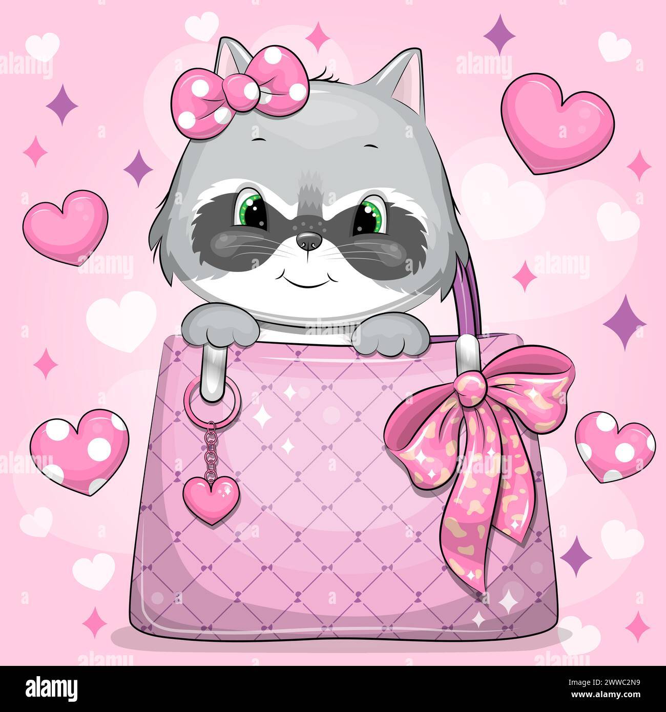 Cute cartoon raccoon sits in a woman's bag. Vector illustration of an ...