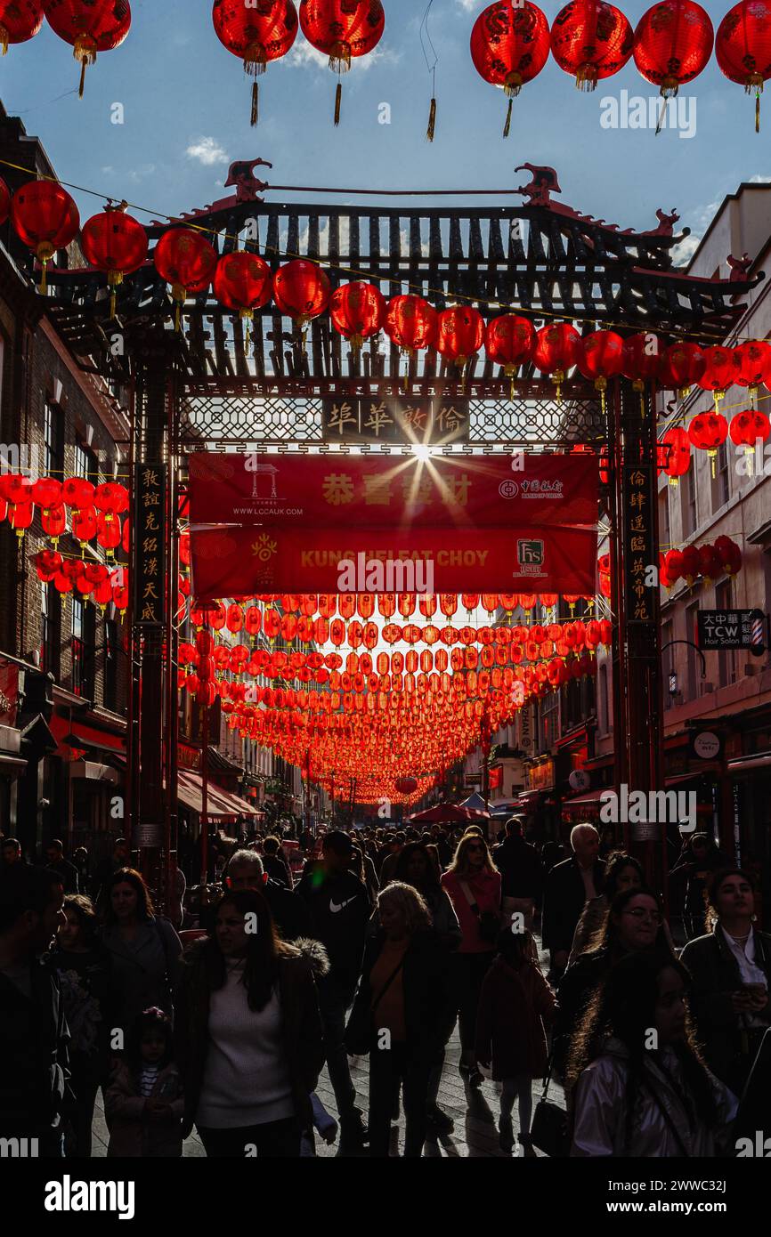 Sunlight breaking through the red lanterns in London's chinatown Stock ...