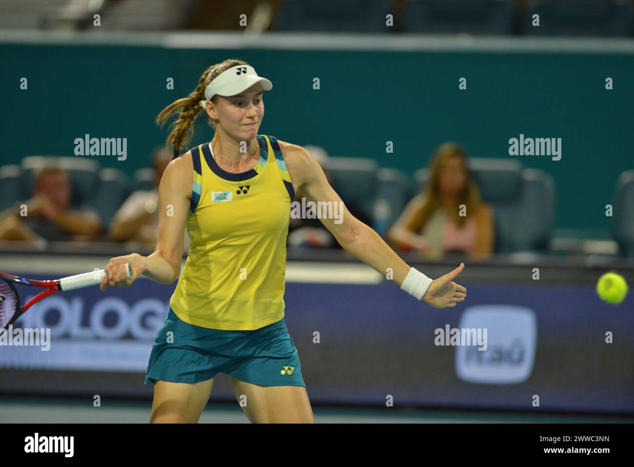 MIAMI GARDENS, FLORIDA - MARCH 21: Elena Rybakina (Kazakhstan) vs Clara Tauson (Denmark) during ...