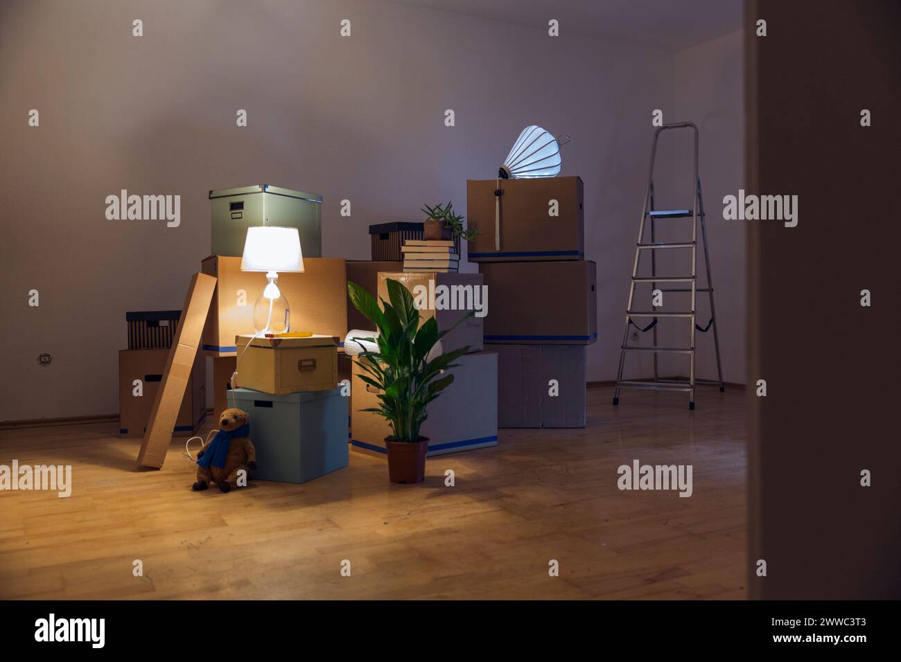 Cardboard boxes in an empty room in a new home Stock Photo - Alamy