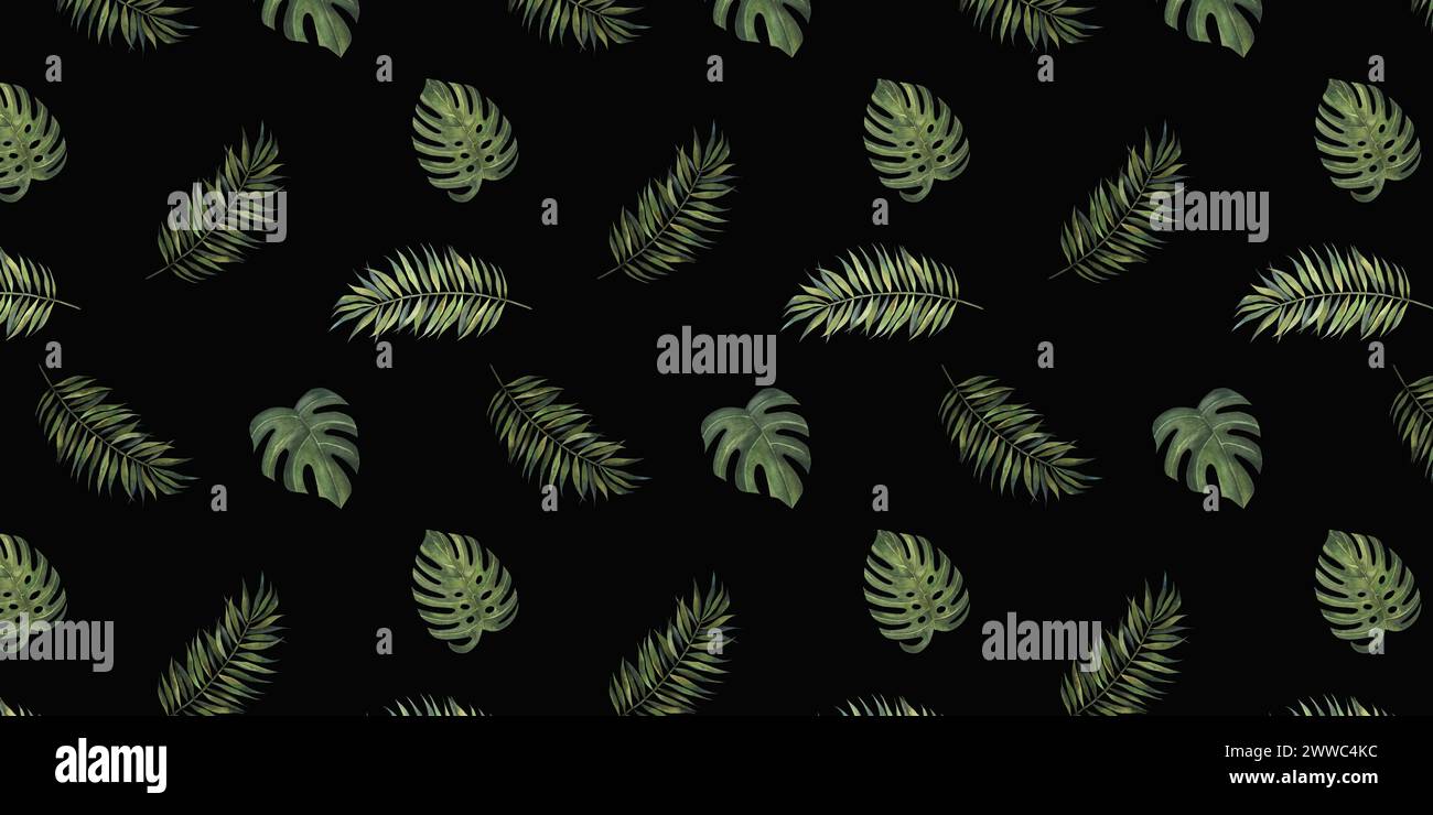 Tropical leaves. Monstera, strelitzia, palms. Watercolor seamless ...