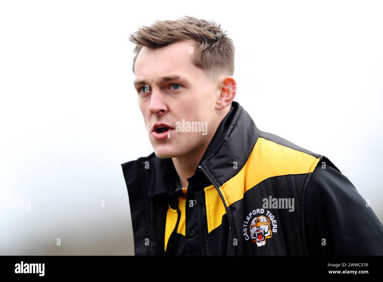 Castleford Tigers' Jack Broadbent inspects the pitch prior to the ...