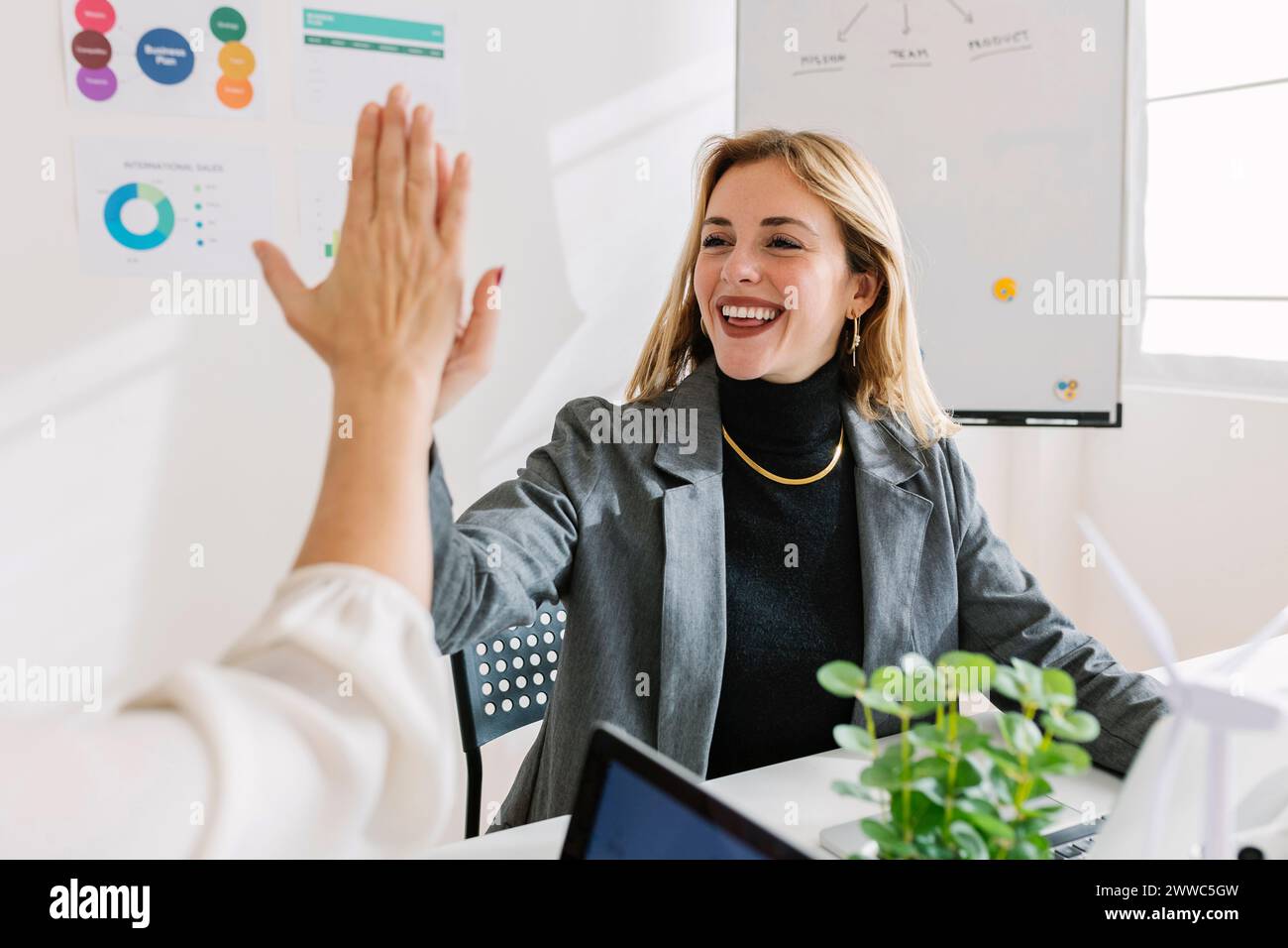 Happy businesswoman giving high-five to colleague at desk Stock Photo ...