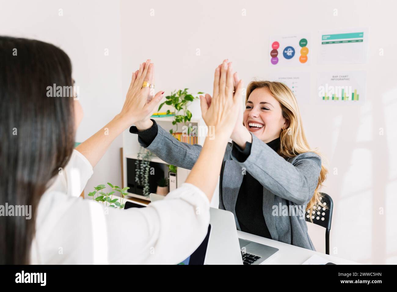 Happy young businesswoman giving high-five to colleague at office Stock ...