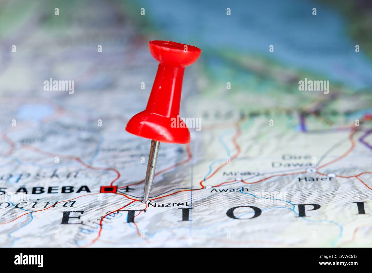 Nazret, Etiopia pin on map Stock Photo - Alamy