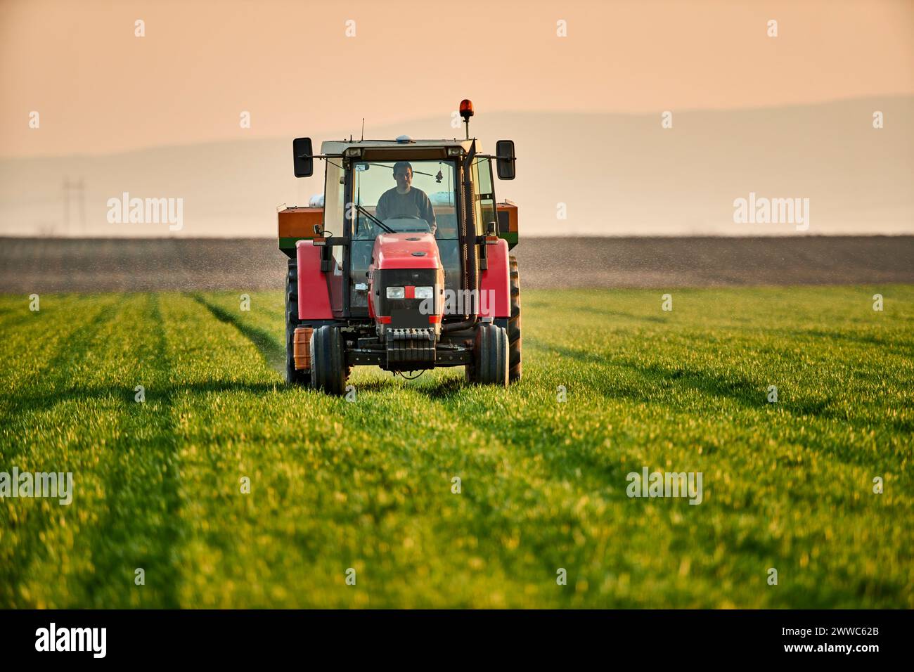 Young farmer in tractor fertilizing crops in green field Stock Photo ...