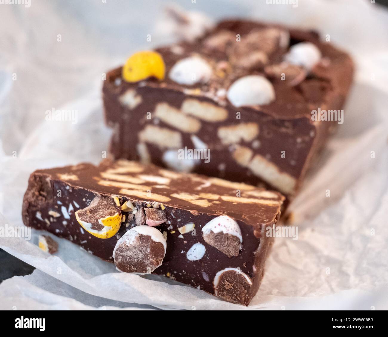 Close up of hand made Rocky Road chocolate dessert, with crushed mini ...