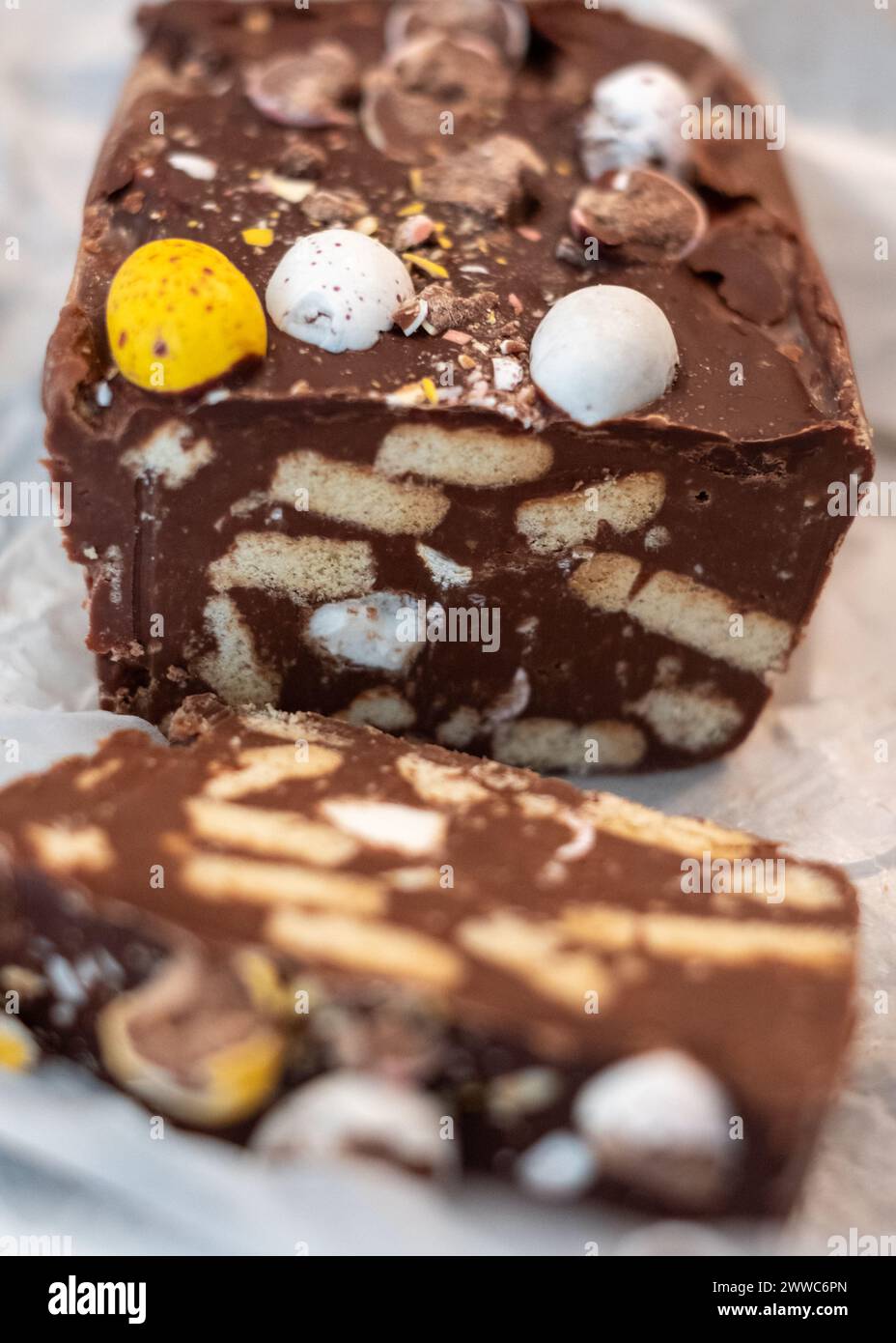 Close up of hand made Rocky Road chocolate dessert, with crushed mini ...