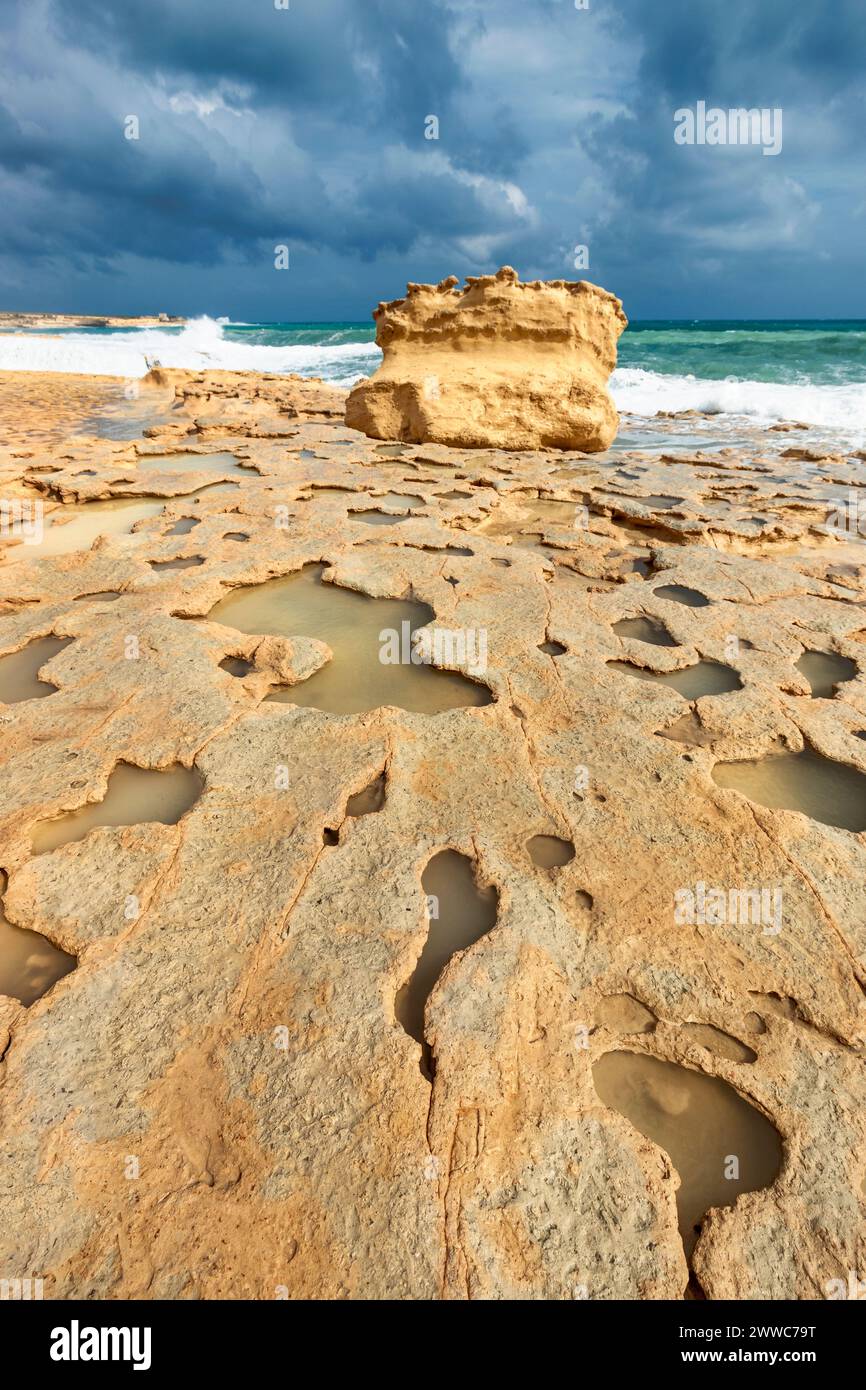 Malta, South Eastern Region, Marsaxlokk, St. Peters Pool during cloudy ...
