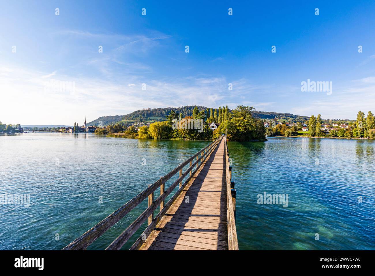 Switzerland, Thurgau, Eschenz, Wooden bridge leading to Werd monastery ...
