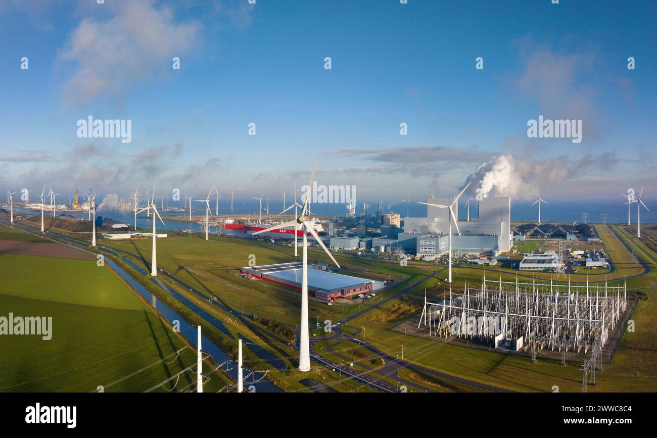 Netherlands, Groningen Province, Eemshaven, Aerial view of solar ...