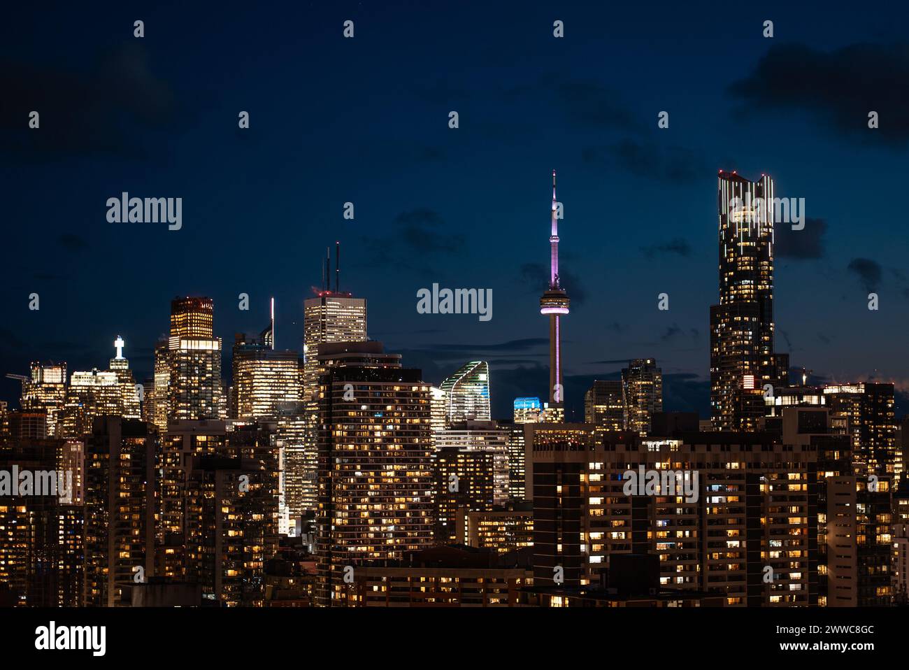 night Toronto city downtown skyline, twilight over CN Tower and ...