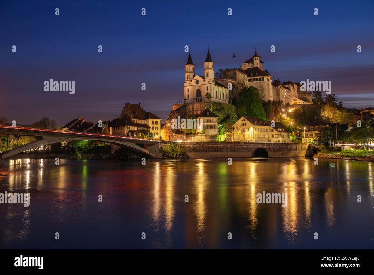 Switzerland, Aargau Canton, Aarburg, Aare river and Aarburg Castle at ...