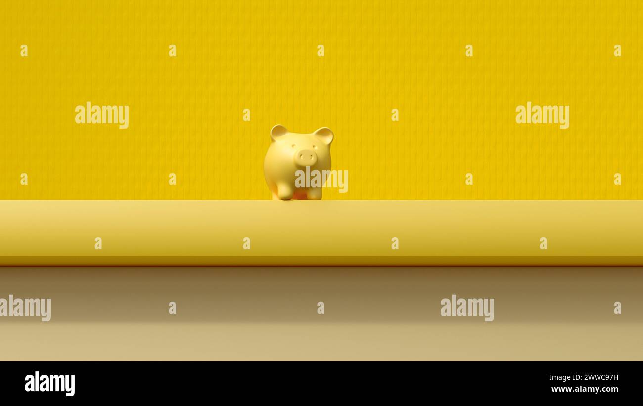 3D render of yellow piggy bank standing against yellow background Stock ...