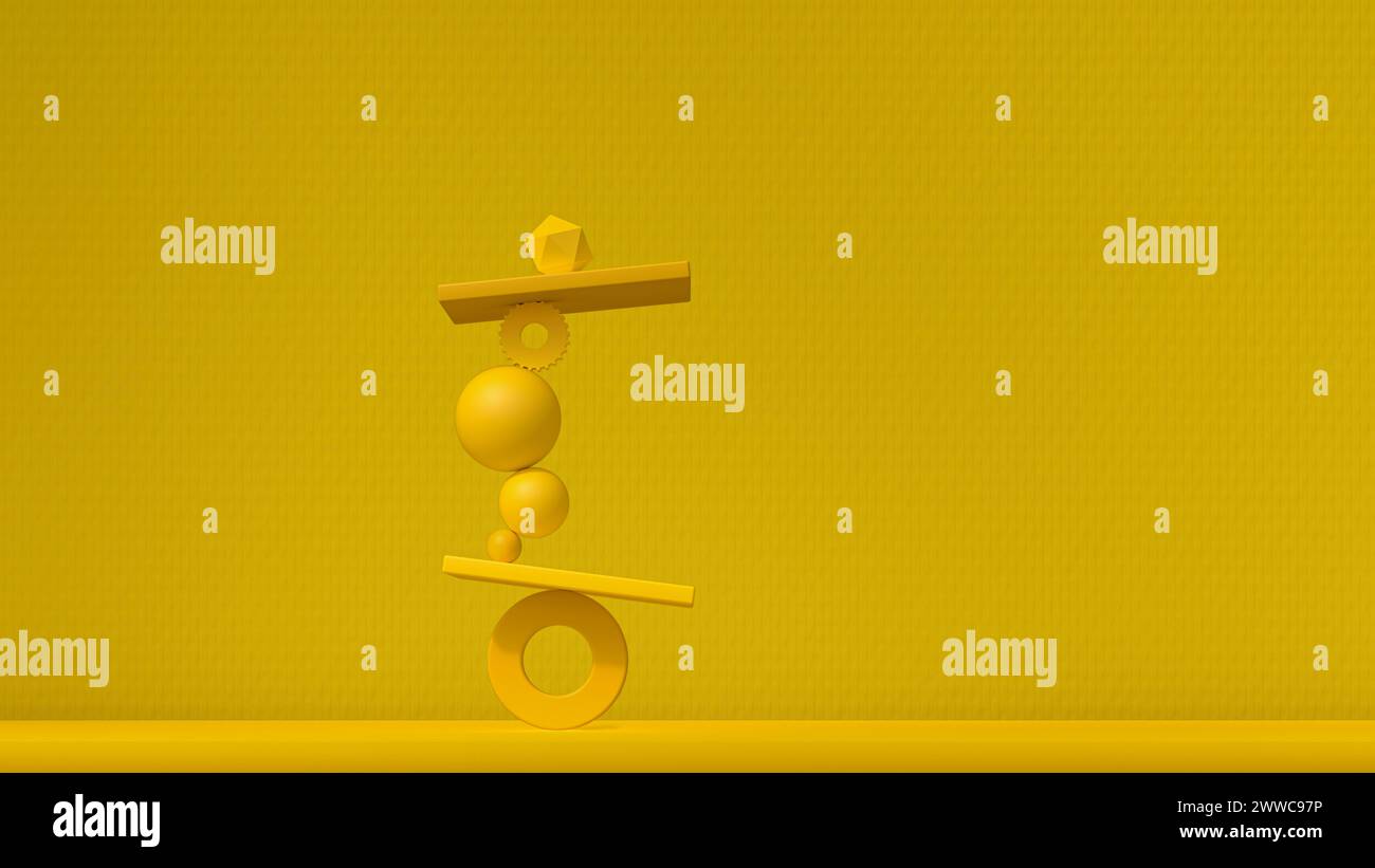 3D render of stack of geometric objects balancing against yellow ...