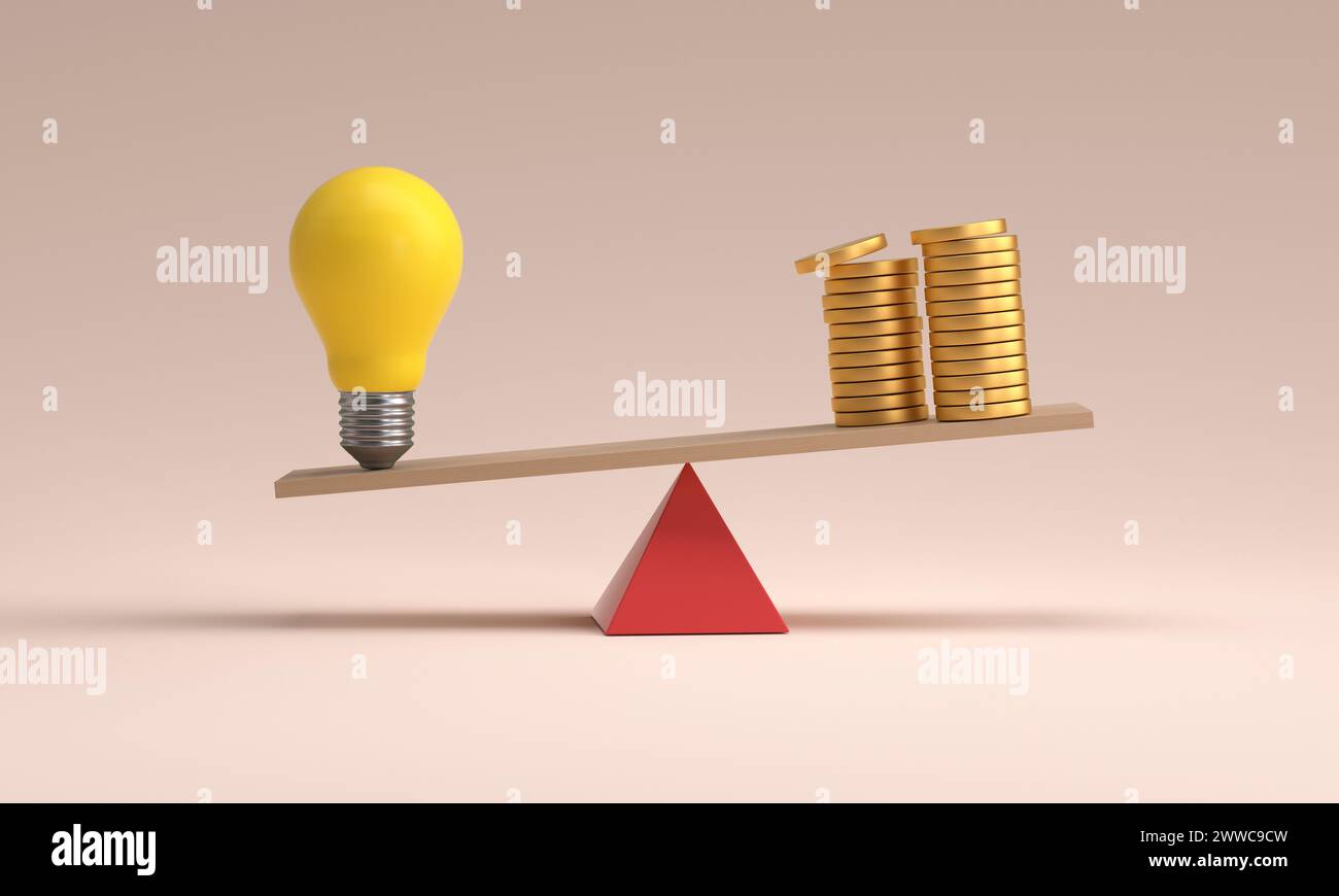 Balance of light bulb and money stack against pink background Stock ...
