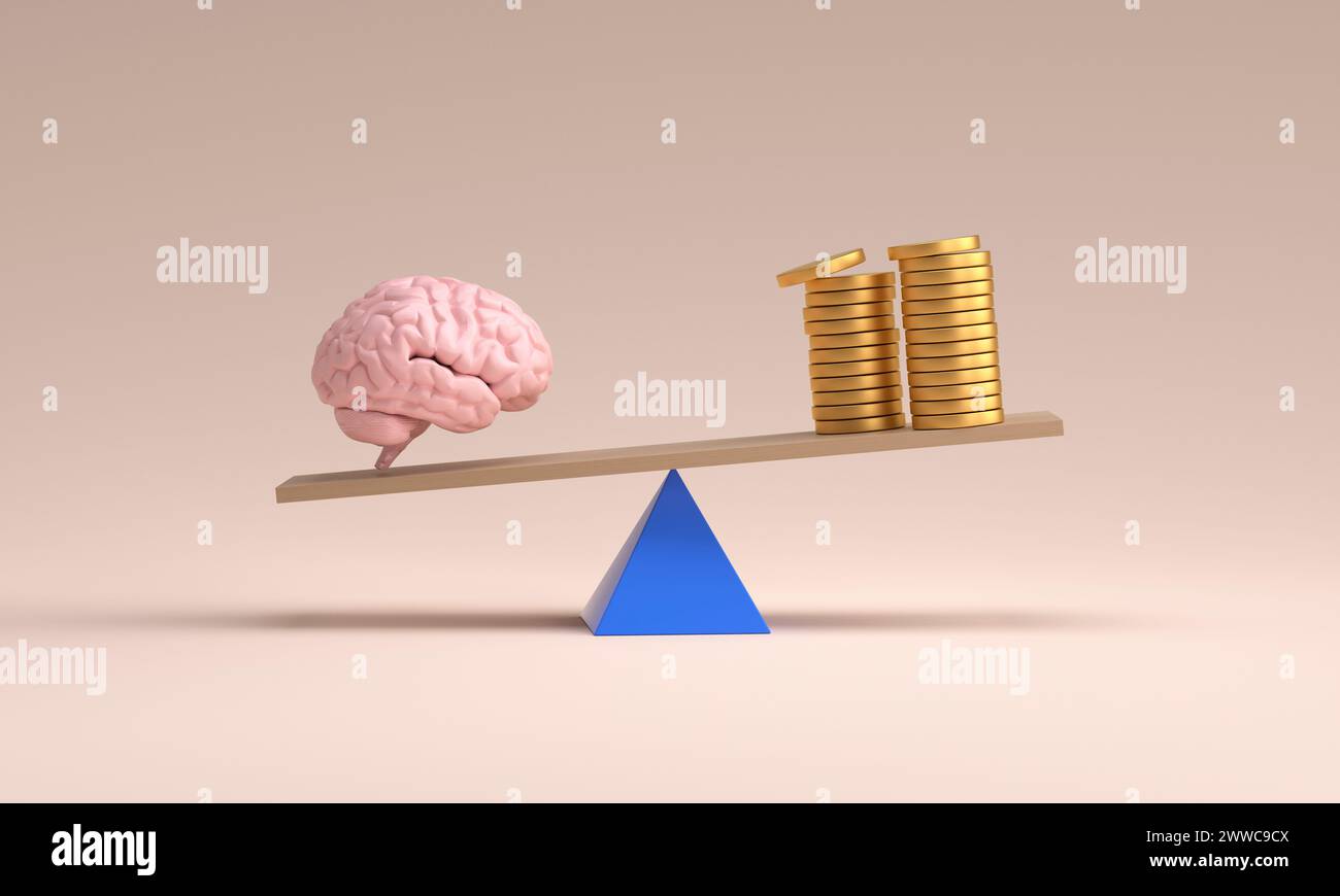 Balance of brain and money stack against colored background Stock Photo ...