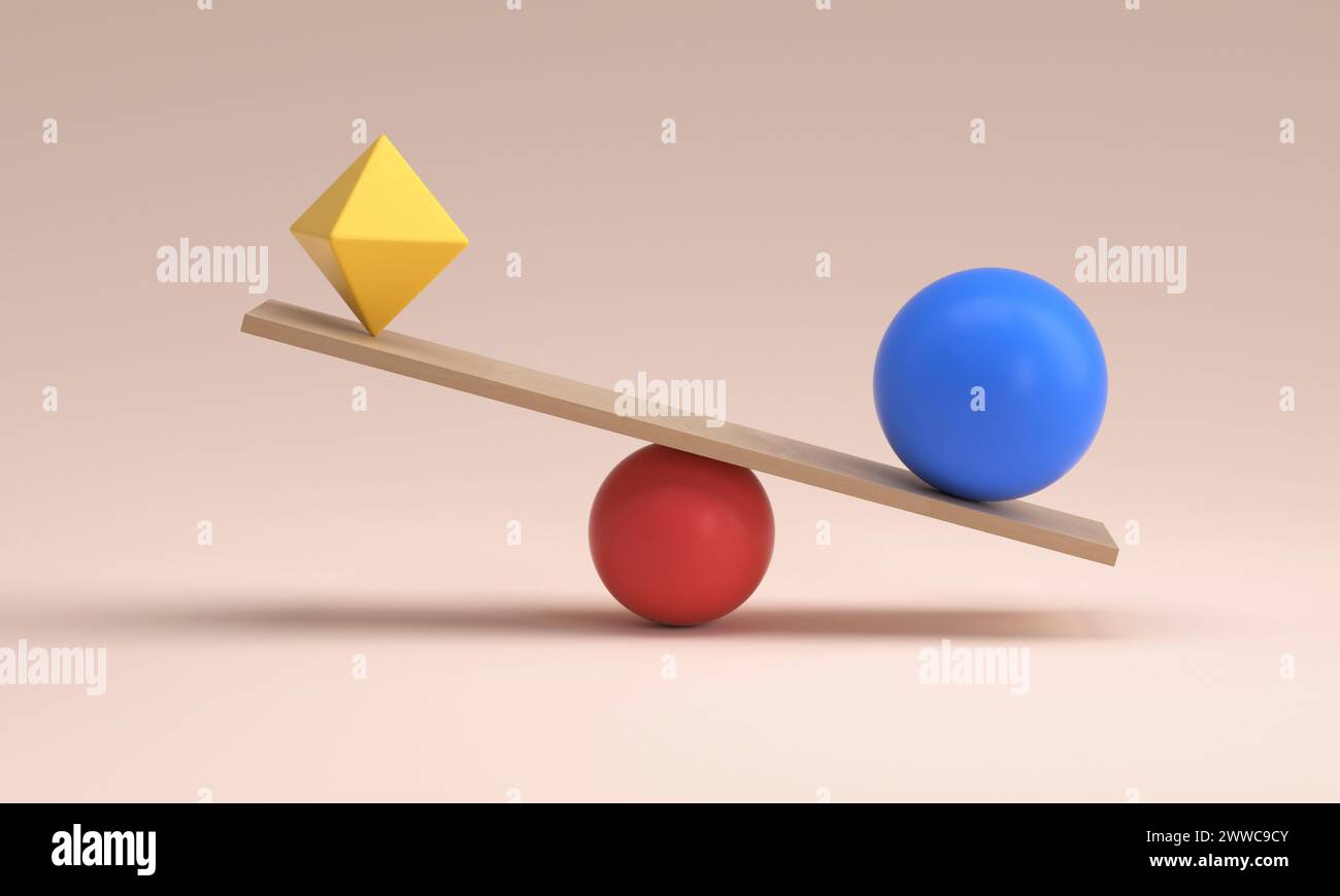 Geometric shapes balancing on top of sphere over pink background Stock ...