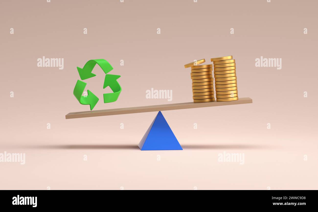 Balance of recycle sign and money stack against pink background Stock ...