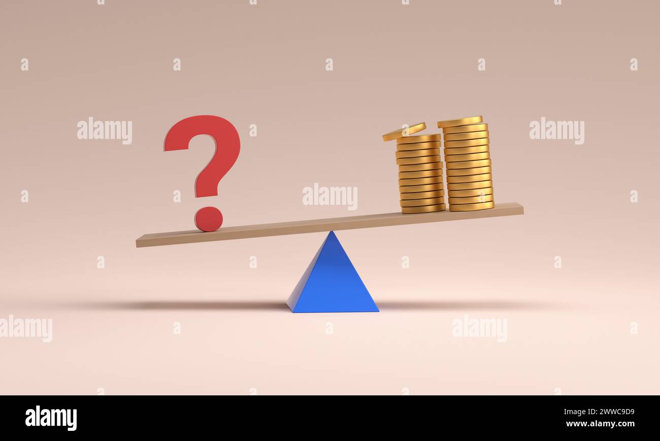 Balance of question mark and money stack over pink background Stock ...