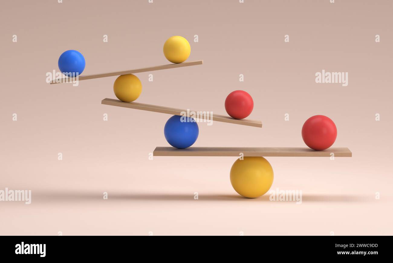 Geometric shapes in equilibrium on yellow sphere over pink background ...