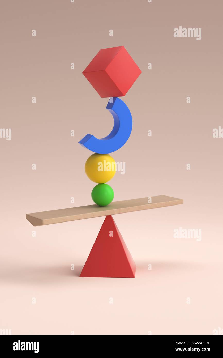 Geometric shapes in equilibrium with wood plank over pink background ...