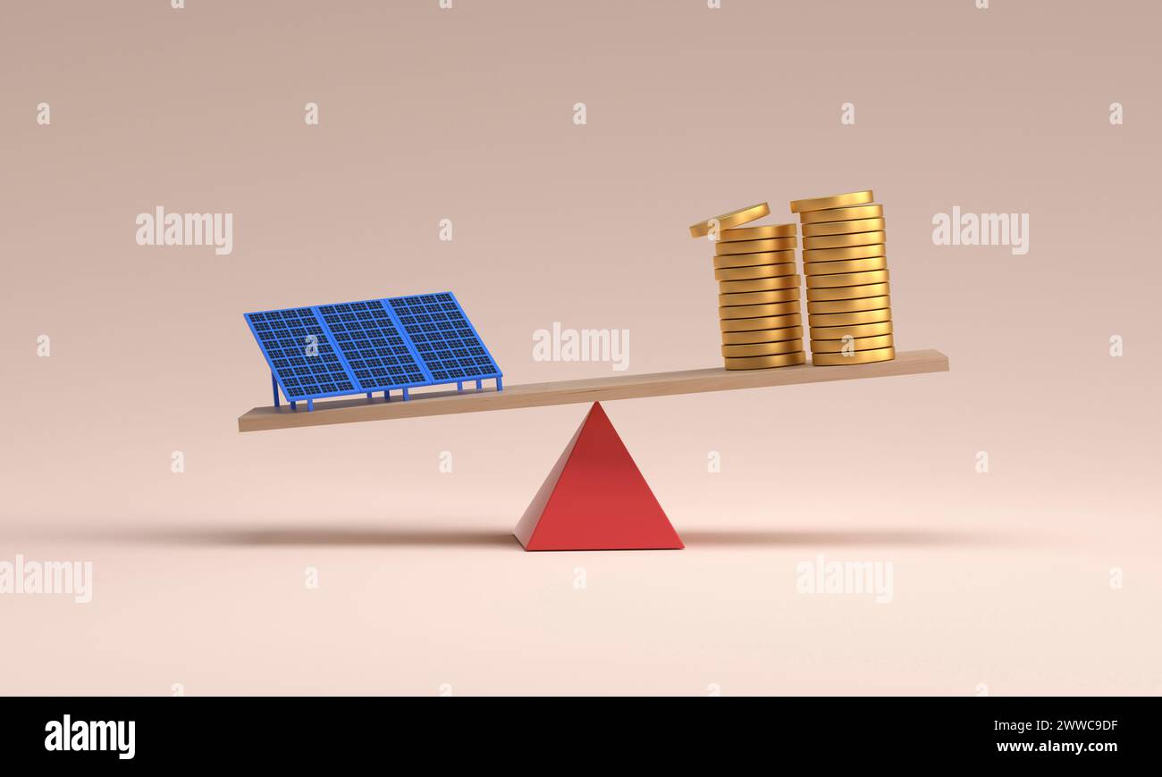 Balance of solar panel and money stack on plank over pink background ...