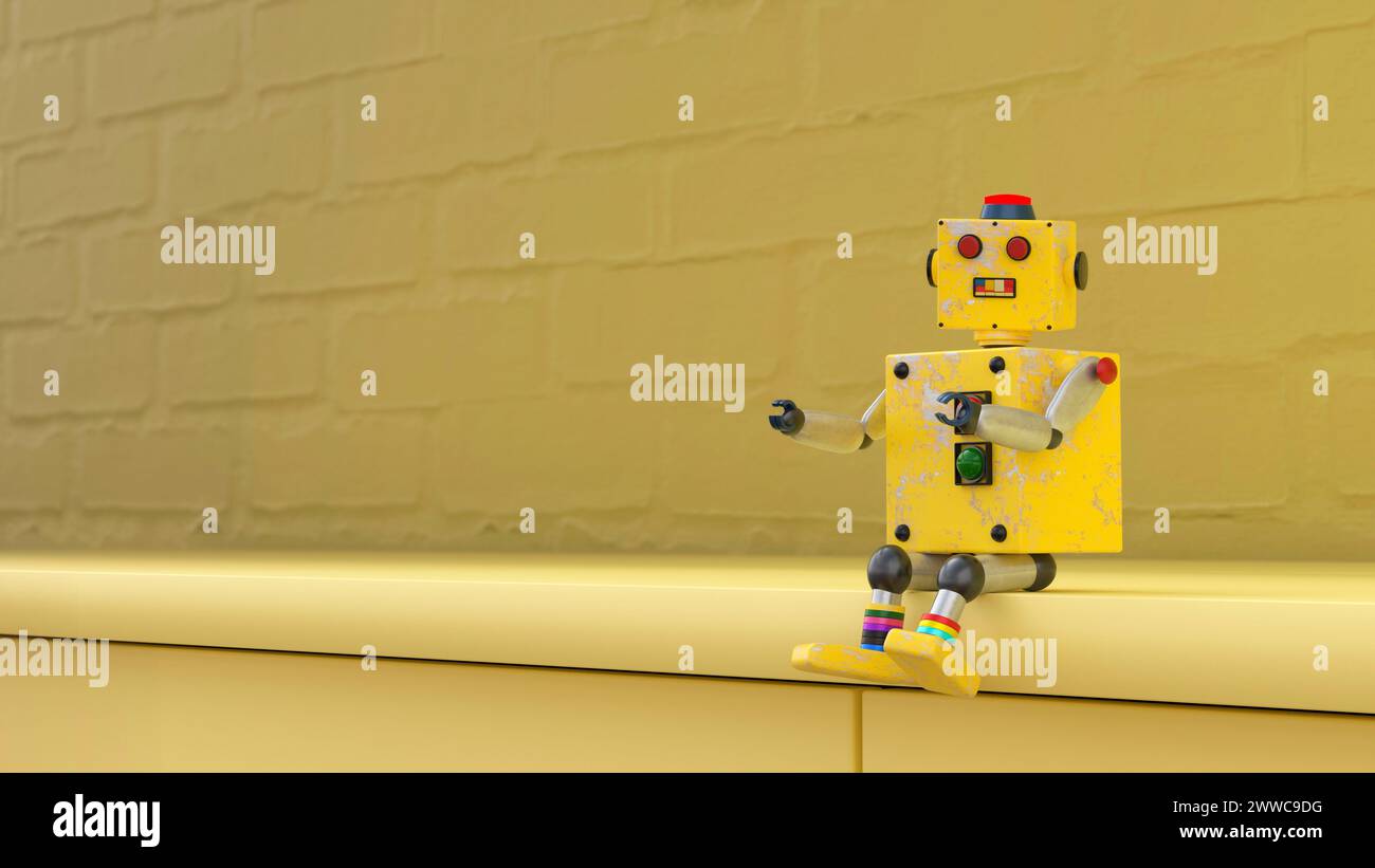 3D render of old-fashioned toy robot sitting on yellow ledge Stock ...