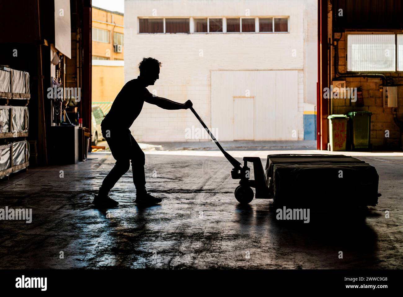 Worker pushing pallet jack at warehouse Stock Photo - Alamy