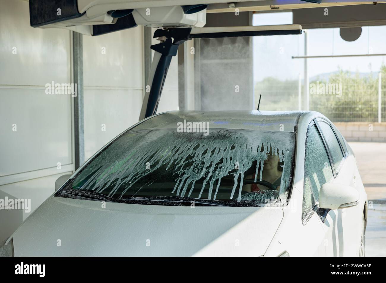 Process of car washing with driver inside Stock Photo - Alamy