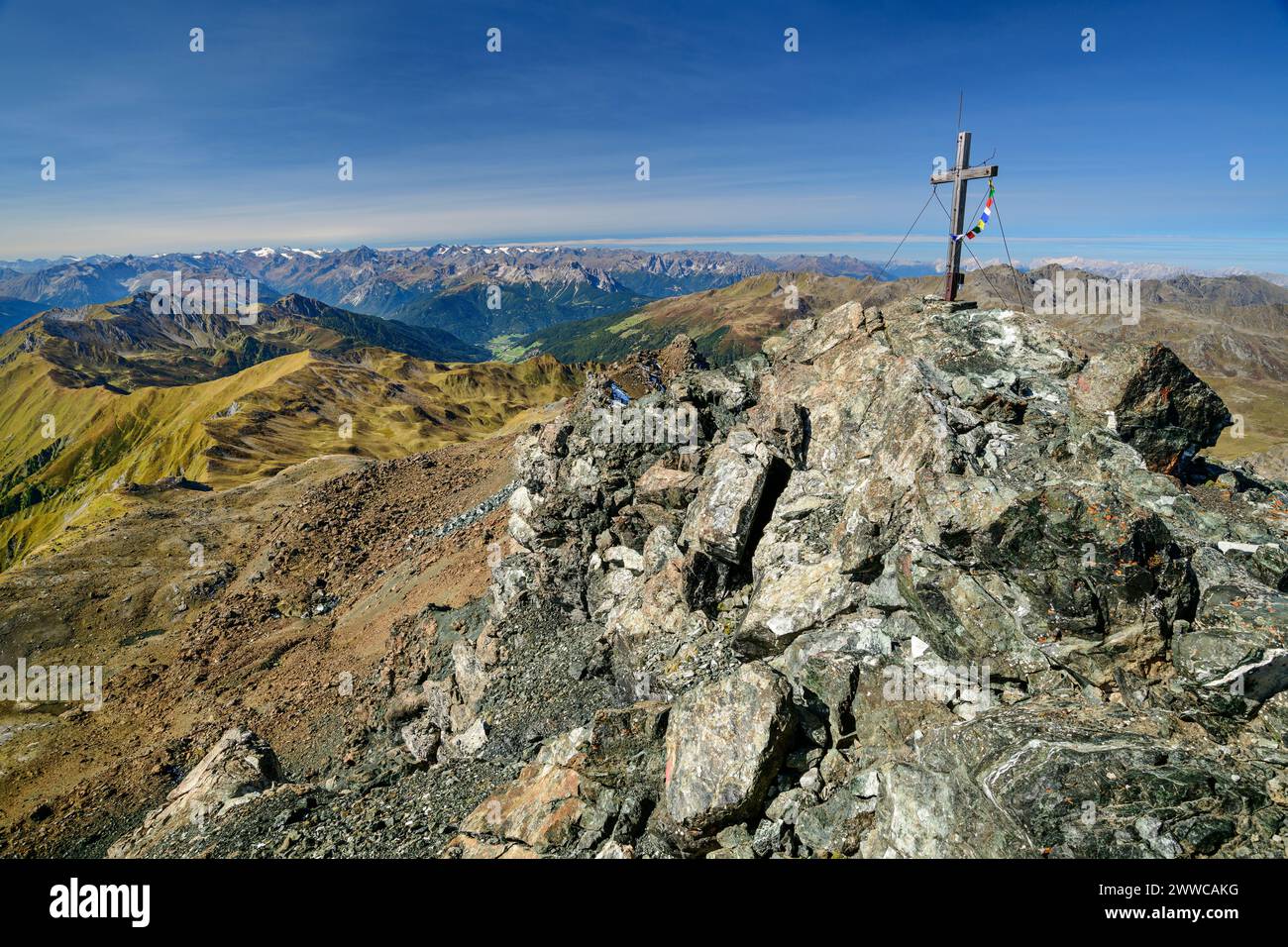 Austria, Tyrol, Summit cross of Litzumer Reckner mountain Stock Photo ...