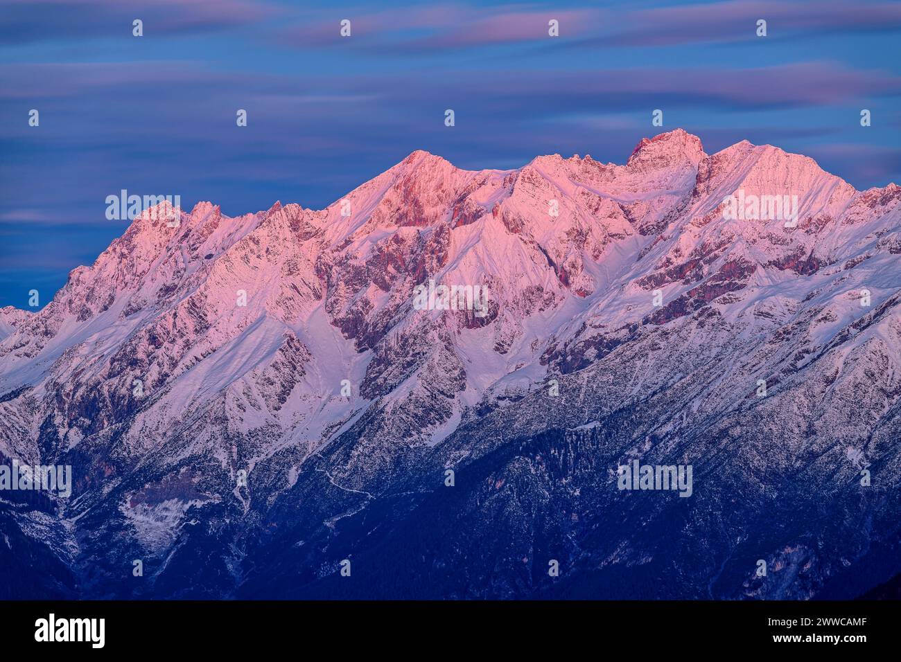Austria, Tyrol, Alpenglow at snow-covered Lechtal Alps Stock Photo - Alamy