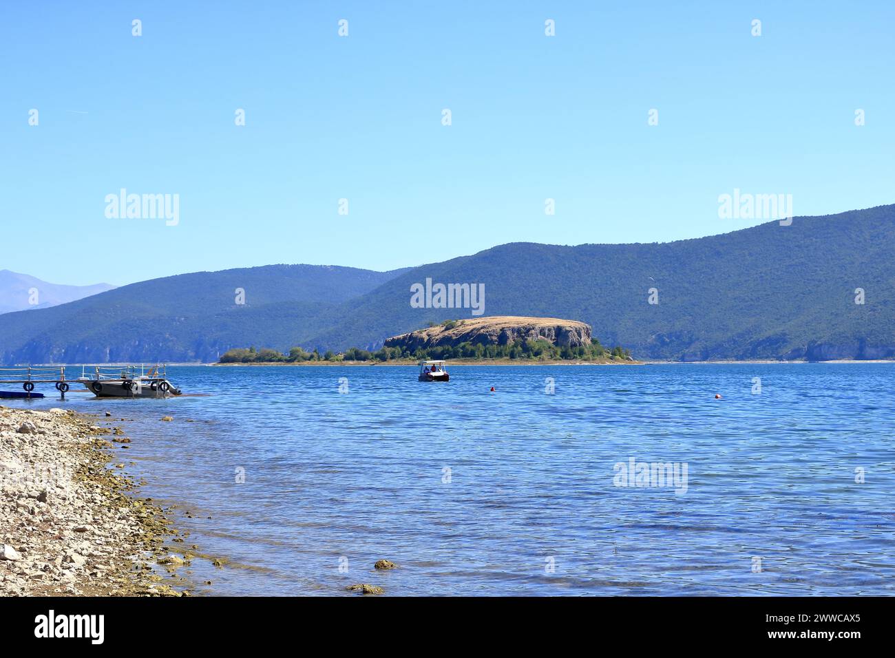 September 13 2023 - Lake Prespa in Albania: Tourists enjoy a boat trip ...