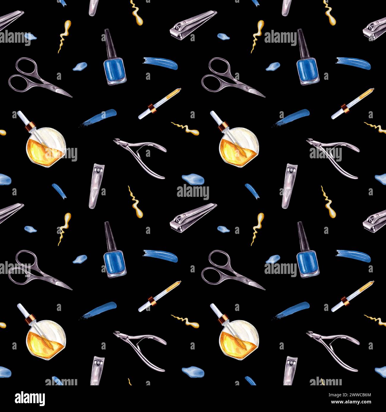 Manicure instruments. Nail blue polish, trimmer, cuticle scissors ...